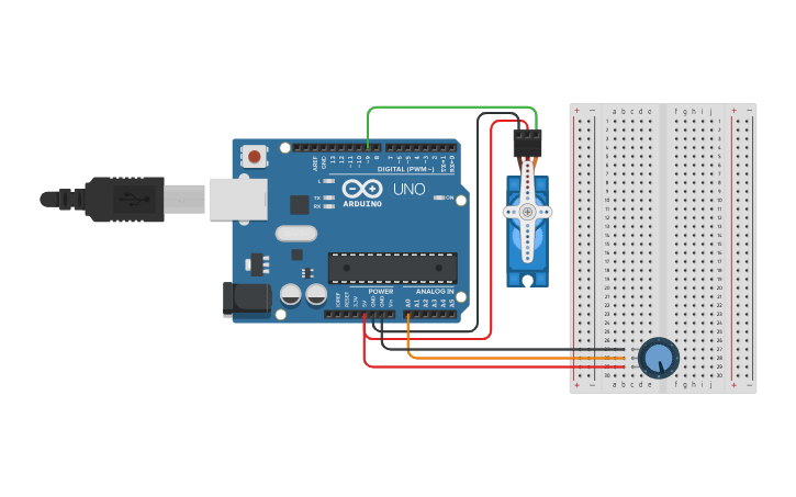 Circuit design Servo Motor angle controlled by potentiometer | Tinkercad