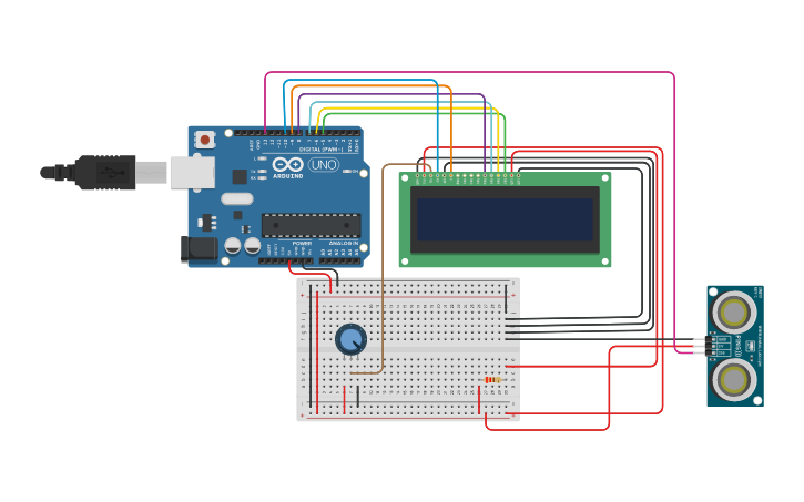 Circuit design HC-SR04 y LCD - Tinkercad