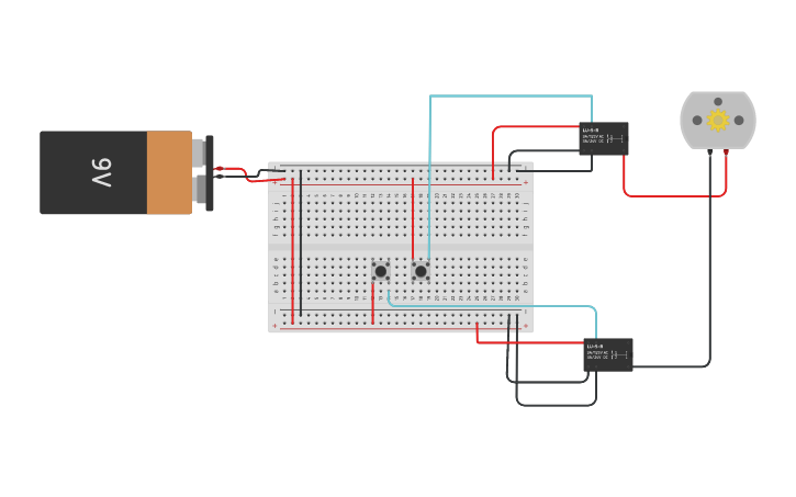 Circuit design controlling DC motor using two relays - Tinkercad