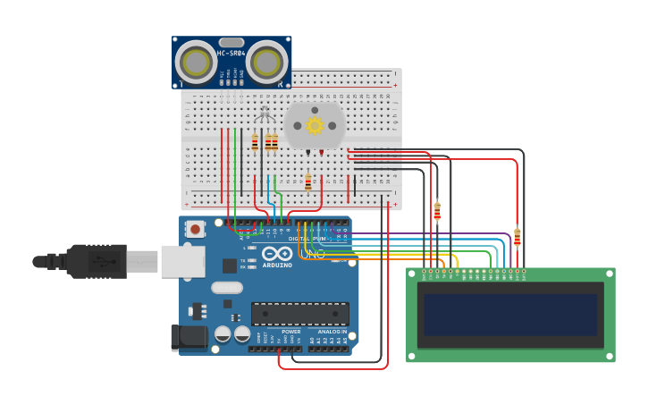Circuit design Arduino UNO - Sensor de distancia + LCD - Tinkercad
