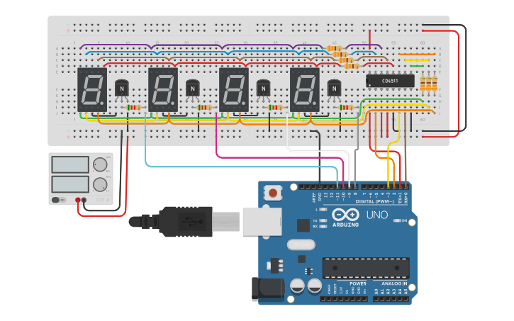 Circuit design 4digit-7segment-LED - Tinkercad