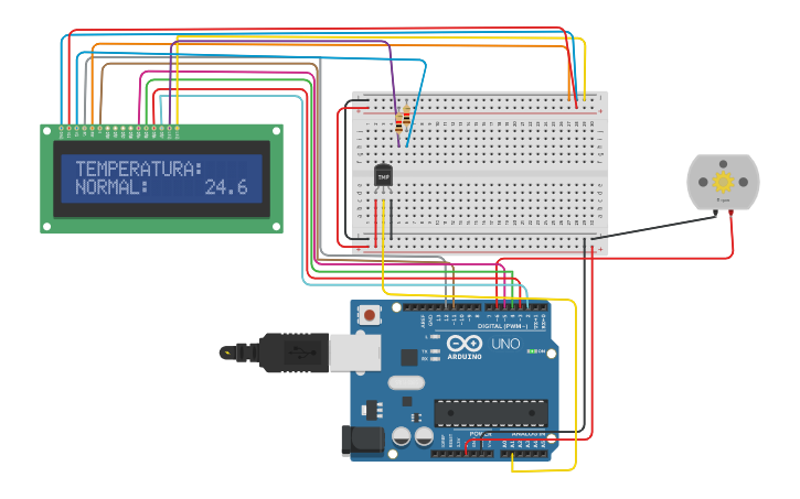 Circuit design Sensor de temperatura con pantalla LED - Tinkercad