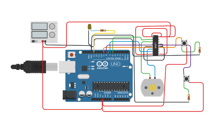 Circuit design ACTIVIDAD 5 UN MOTOR DOS PULSADORES | Tinkercad