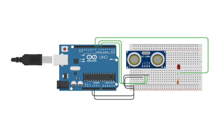 Circuit design Arduino UNO - Ultrasonic sensor and LED - E0421048 - Tinkercad