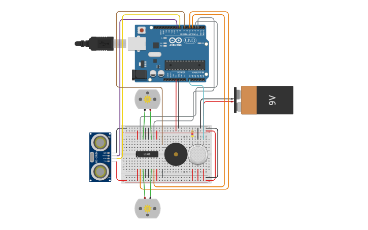 Circuit design Clases gas y buzzer | Tinkercad