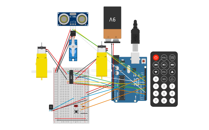 Circuit design L293D Motor Driver + IRremote + E-stop + Ultrasonic ...