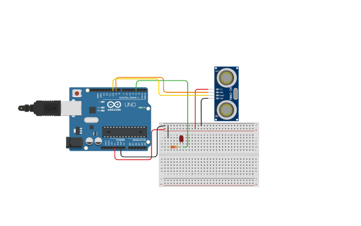Circuit design Sensor HC-SR04 y un led - Tinkercad