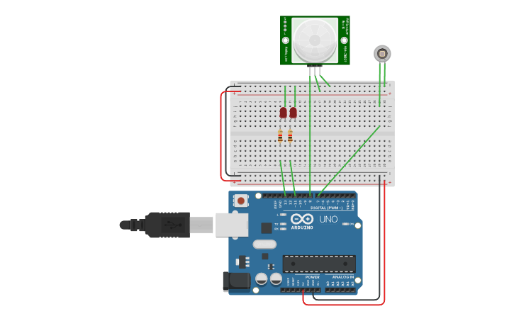 Circuit design Sensor PIR y Fotodido - Tinkercad