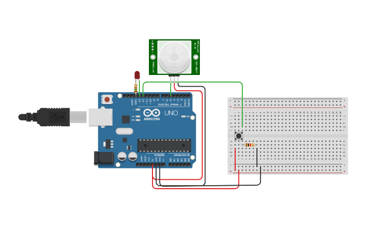 Circuit design PIR + but + led | Tinkercad
