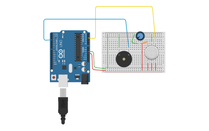 Circuit design pendeteksi kebocoran gas - Tinkercad