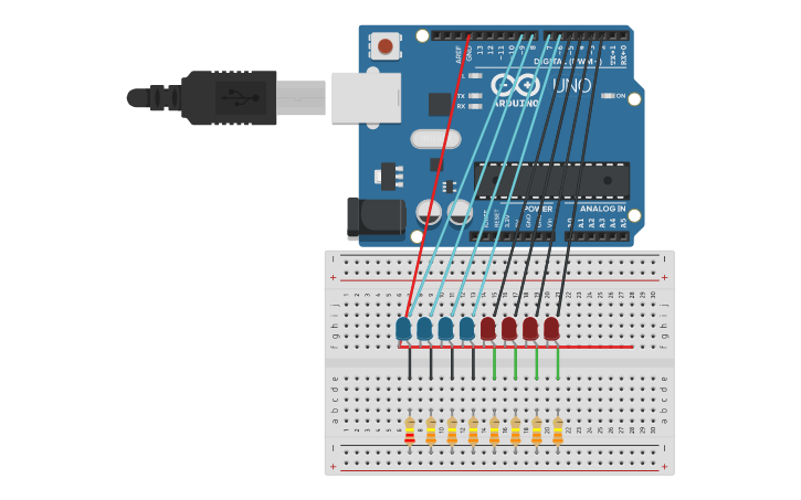 Circuit design 8 LEDS secuencia - Tinkercad