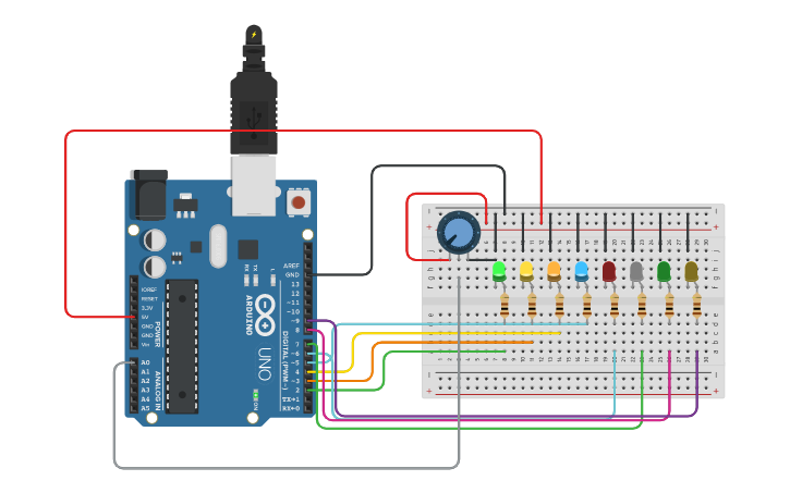 Circuit design LED Chaser - Tinkercad