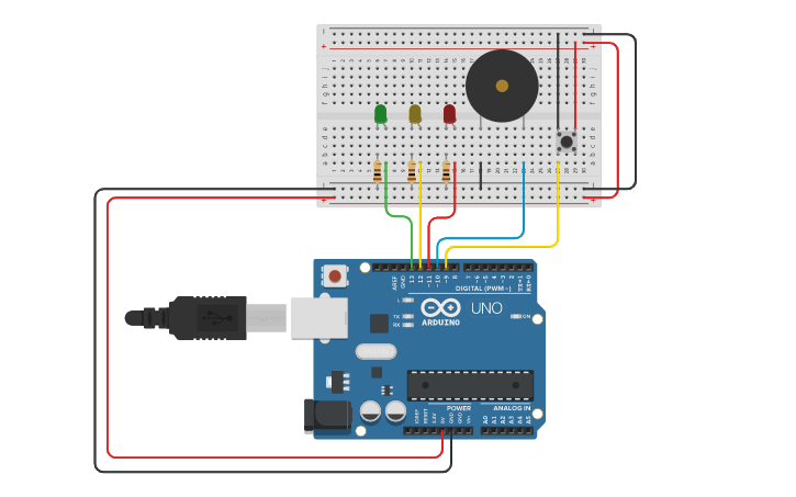 Circuit design Semaforo con buzzer e pulsante - Tinkercad