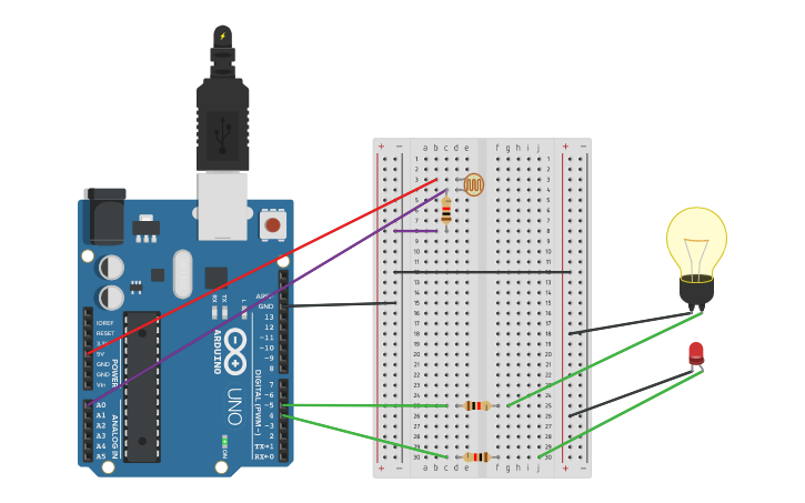Circuit design controlling bulb using LDR value - Tinkercad Circuit design controlling bulb using LDR value - Tinkercad