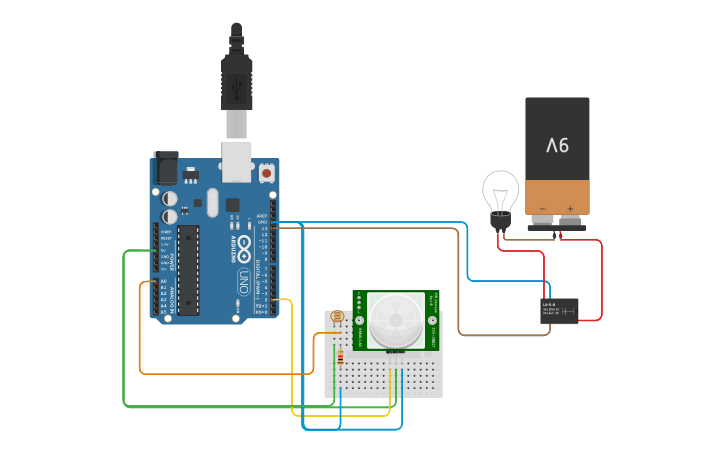 Circuit design simulasi lampu otomatis dengan sensor PIR - Tinkercad