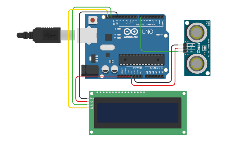 Circuit design 6. Lcd con ultrasónico - Tinkercad