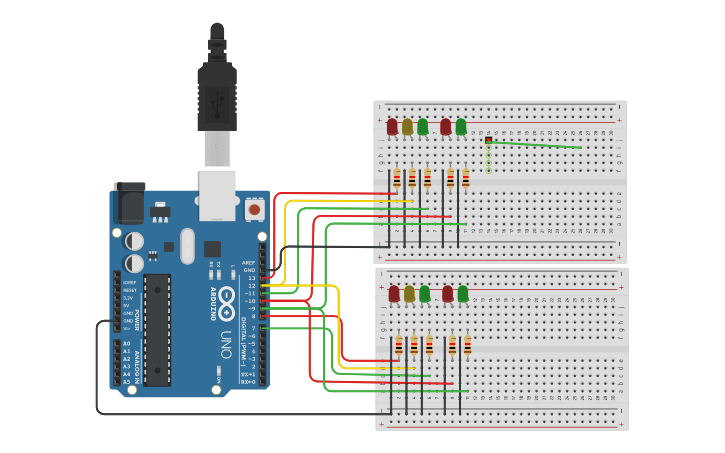 Circuit design Semaforo con peatonal - Tinkercad