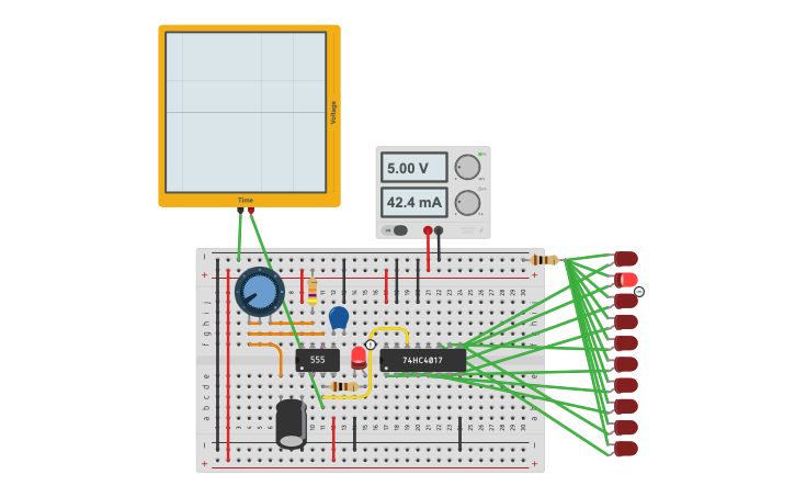 Circuit design 555 oscylator 4017 10 led | Tinkercad
