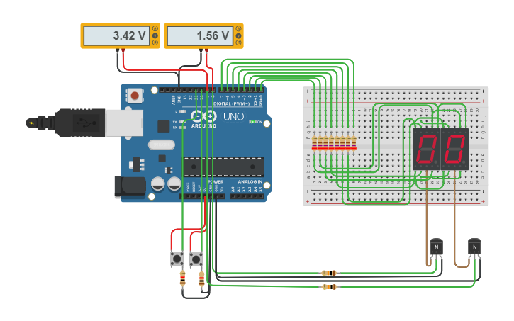 Circuit design 2 Display 7 segmenti con DDRD e PORTD - Tinkercad