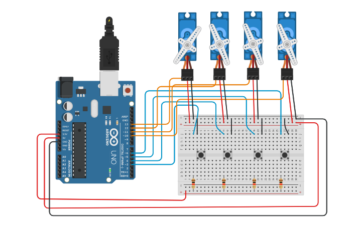 Circuit design Lab 12-7 Push Button (x4) Control Servo (x4) | Tinkercad