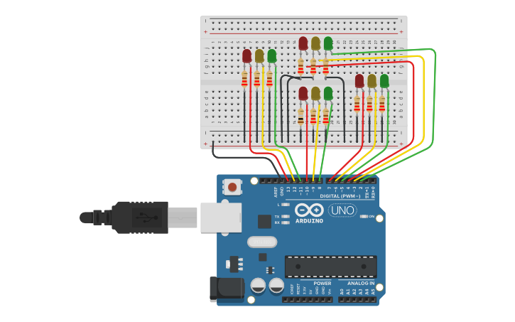 Circuit design 4 way traffic lights - Tinkercad