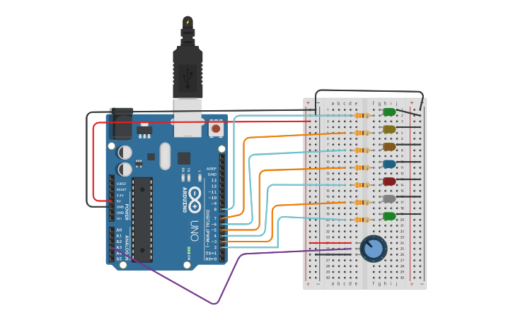 Circuit design 7 leds ubicados en arduino con un potenciometro - Tinkercad