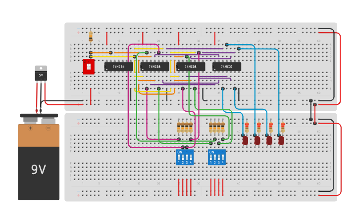 Circuit design Multiplexer of 2 inputs, 4-bits each - Tinkercad