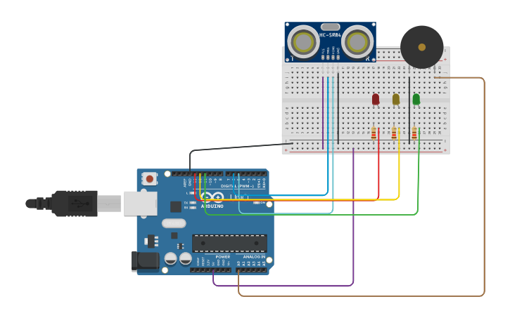 Circuit design sensor de distancia con sonido | Tinkercad