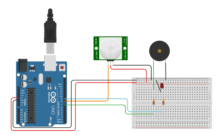 Circuit design PIR c/Buzzer | Tinkercad