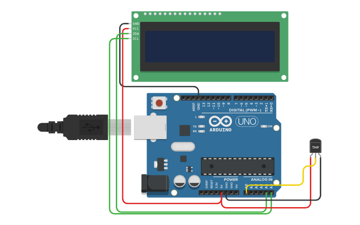 Circuit Design Arduino I2c Lcd With Temp Sensor Tmp36 Tinkercad