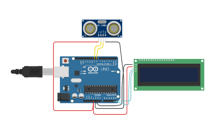 Circuit design LCD+Ultrasonic+Arduino - Tinkercad