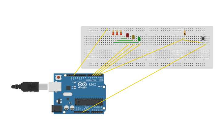 Circuit design Secuencia de leds con pulsador - Tinkercad Circuit design Secuencia de leds con pulsador - Tinkercad