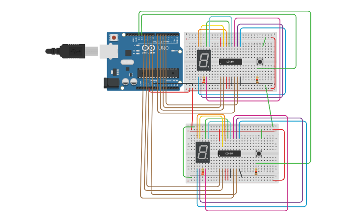 Circuit design 7 segment scoreboard - Tinkercad