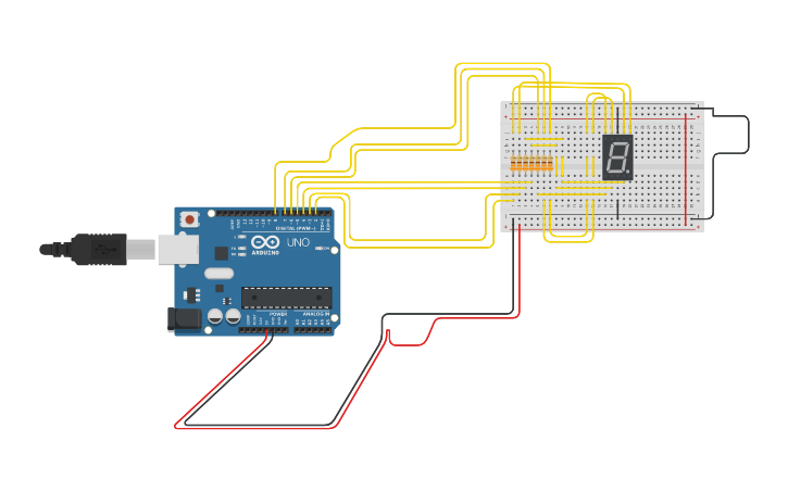 Circuit design ANDALES – QUIZ 02 – 7-SEGMENT DISPLAY (USING LOOPS) | Tinkercad