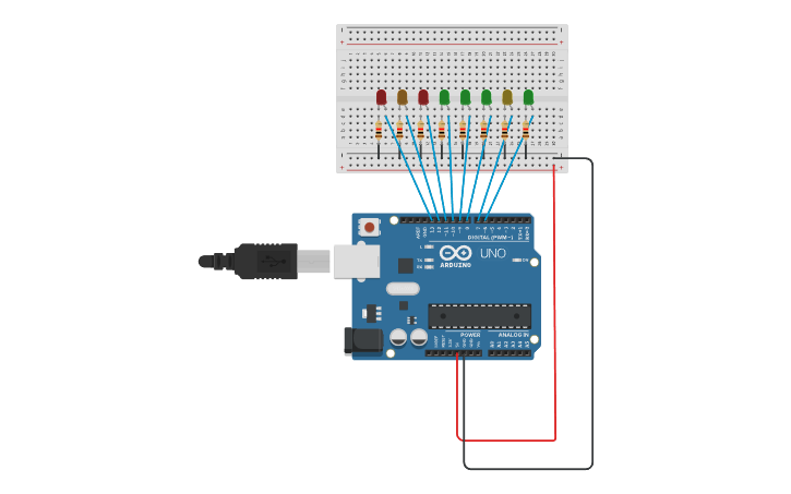 Circuit design 8 LEDs Alternate Blinking_De Ocampo - Tinkercad