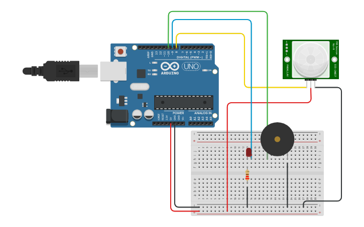 Circuit design PIR Sensor with Burglar Alarm using Arduino - Tinkercad Circuit design PIR Sensor with Burglar Alarm using Arduino - Tinkercad