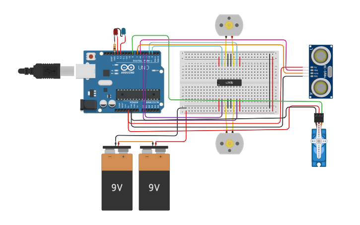 Circuit design Ultrasonic and servo - Tinkercad