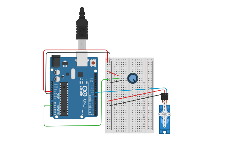 Circuit design Servo Motor Mapping Potentiometer - Block Code | Tinkercad