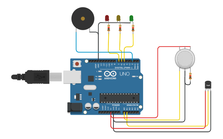 Circuit design Arduino Sensor Gas dan Sensor Suhu - Tinkercad