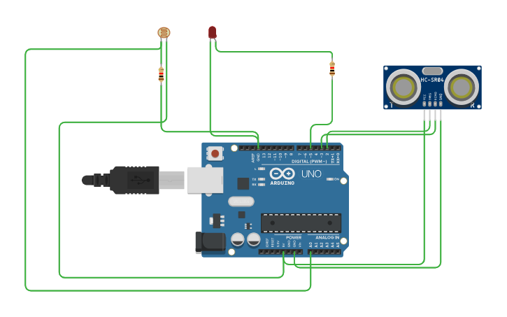 Circuit design ultrasonic and light sensor - Tinkercad