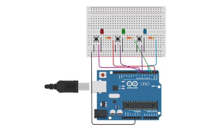 Circuit design 3 led 3 pulsanti | Tinkercad
