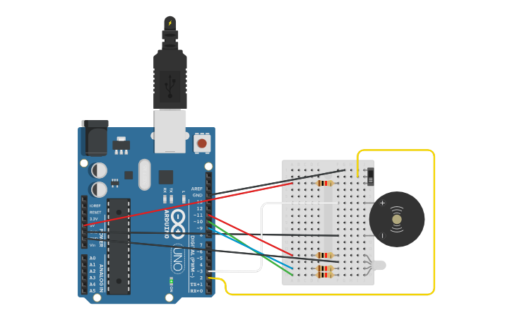 Circuit design RGB LED Piezo Christmas Music - Tinkercad