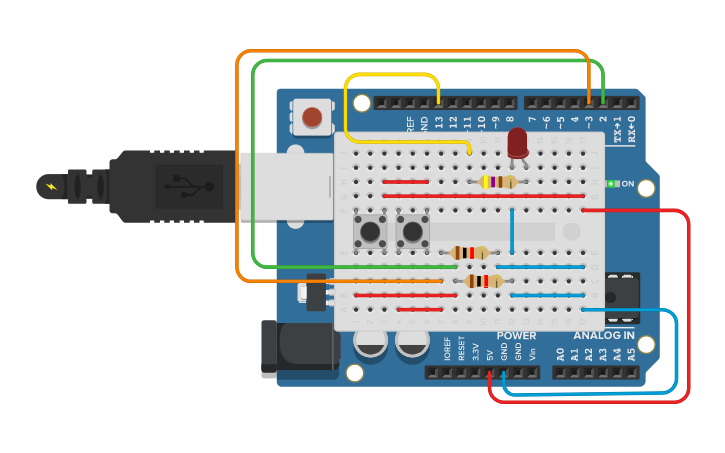 Circuit design Two button LED control - Tinkercad