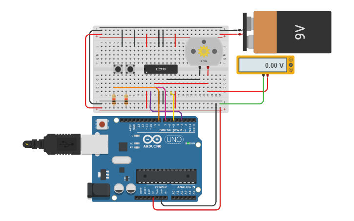 Circuit design Control de motor por medio de 2 pulsadores - Tinkercad