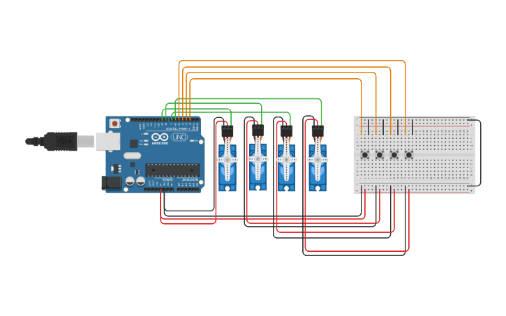 Circuit design PROJETO_UM_BOTAO_ACIONA_4_SERVO_ALICE | Tinkercad