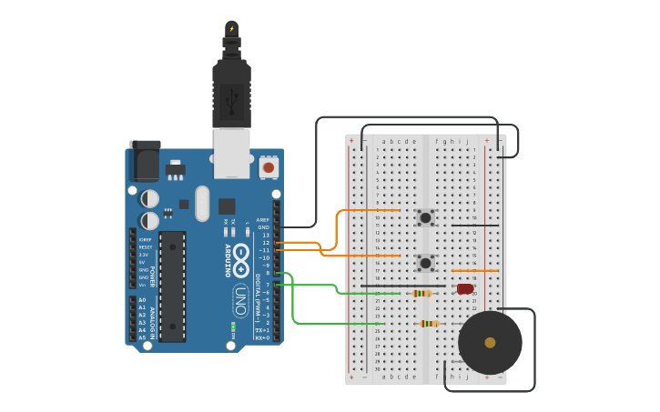 Circuit design PULL UP, led e som | Tinkercad