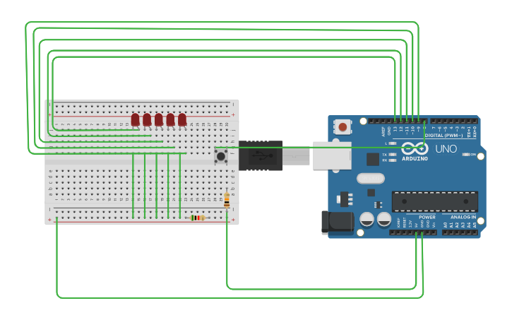 Circuit design AngielleMoralidad_LED Sequence Exercise with switch button | Tinkercad