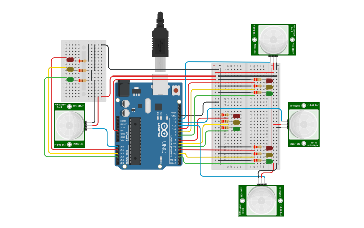 Circuit design Traffic light controller 4 ways with PIR sensor | Tinkercad