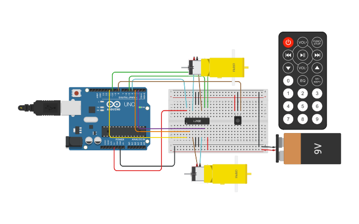 Circuit design Controlar dois motores DC por IR - Tinkercad