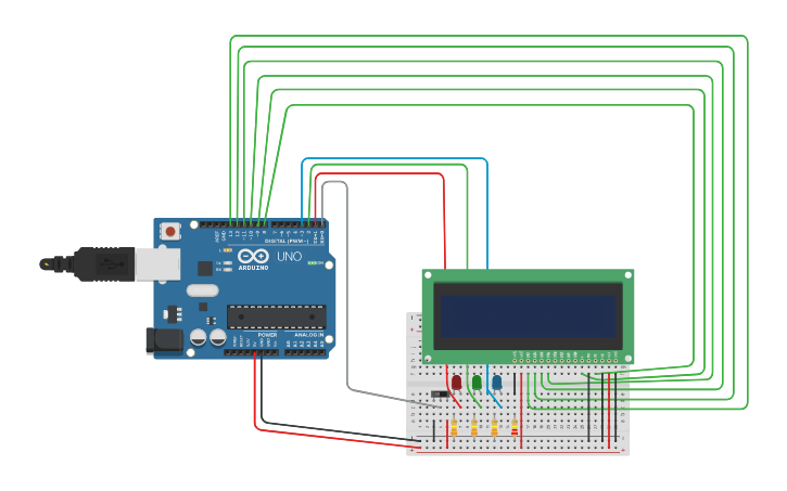 Circuit design LED Blinking Lights and LCD Screen - Tinkercad